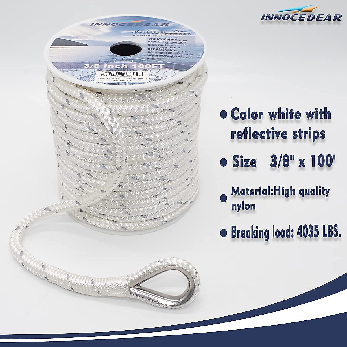 INNOCEDEAR Double Braided Nylon Anchor Rope(White Reflective, 3/8" x 100',1/2" 150') Anchor Line/Boat Anchor Rope with Stainless Steel Thimble, Quality Marine Rope, Boat Accessories
