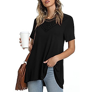POPYOUNG Women's Summer Casual Short Sleeve Tunic Tops to wear with Leggings Crewneck Shirt Loose Blouse L, Solid Black Lace Crochet, Black