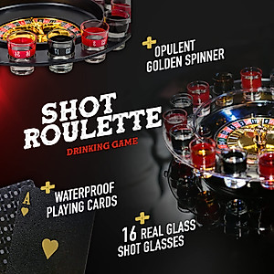 BETTERLINE Shot Glass Roulette Drinking Game and Poker Playing Cards Set - Spinning Wheel, 2 Balls and 16 Shot Glasses - Casino Adult Party Games