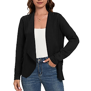 Women Knit Blazer Open Front Blazer Sweater Lapel Cardigan Long Sleeve Blazer Jackets with Pockets Black S