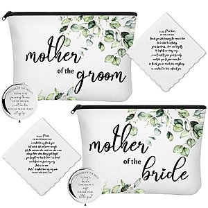 Coume 6 Pack Mother of the Groom Mother of the Bride Cosmetic Bag Wedding Gifts Mother of Bride and Groom Makeup Mirror Mom Handkerchief for Mother and Mom in Law for Engagement Favor (Leaves)