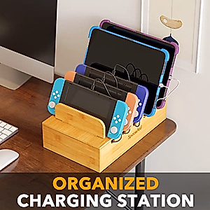 SpaceAid Bamboo Charging Station for Multiple Devices, Cell Phone Docking Stations for Multi Laptop, Tablets and iPads, Nightstand Bedside Desk Device Charger Organizer (Natural)