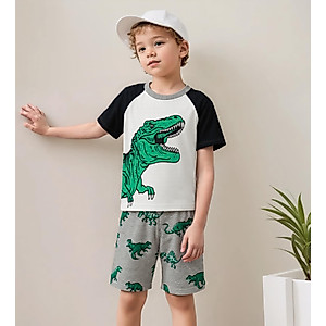 Akyzic Dinosaur Pajamas for Boys 100% Cotton Toddler T-Rex Pjs 2 Piece Jammies Short Sleeve Sleepwear Kids Summer Clothes Set Outfits Dino Pj Set 6t