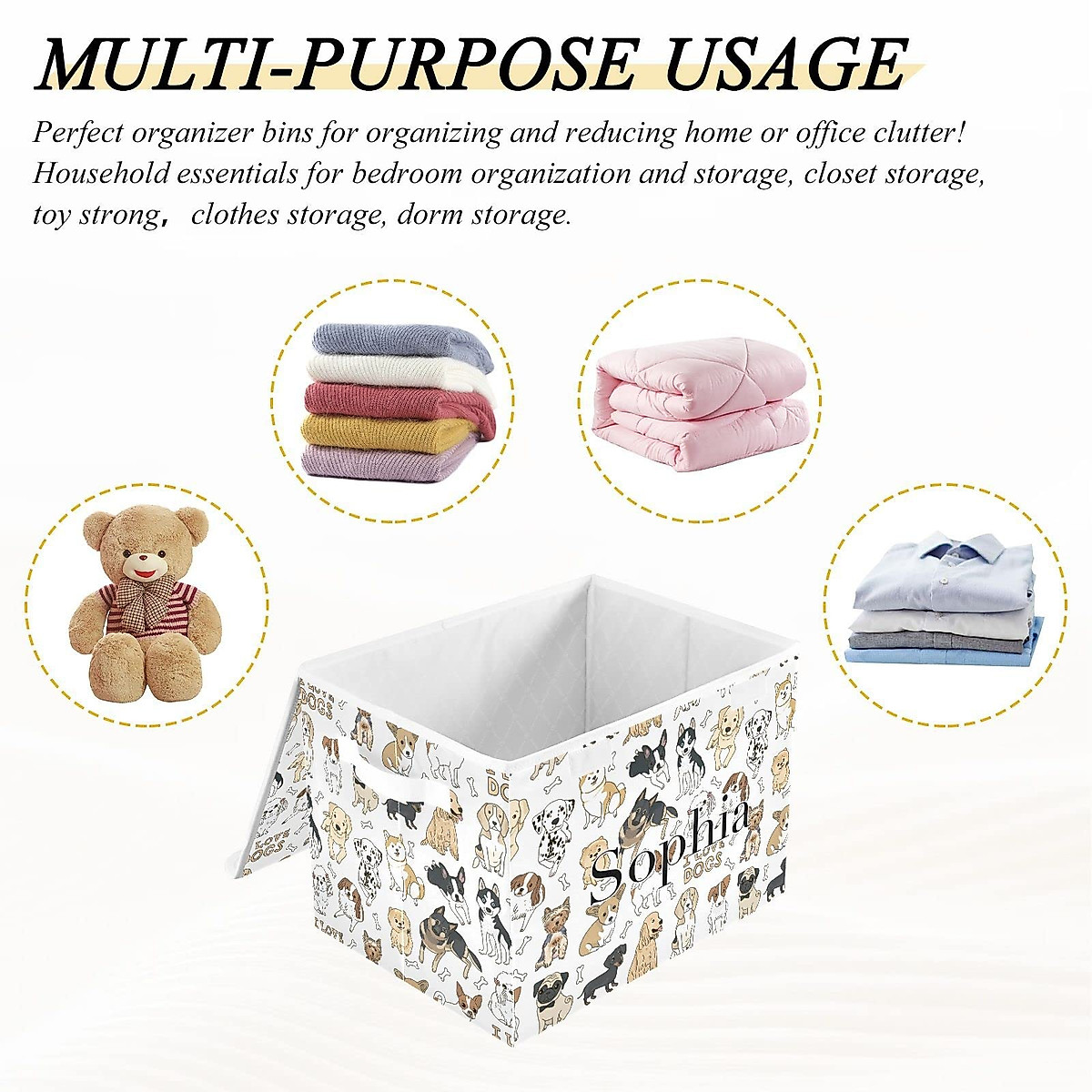 Vnurnrn Dogs Personalized Large Storage Bins with Lids Collapsible Closet Organizer Shelf Baskets for Office Bedroom Home Toys