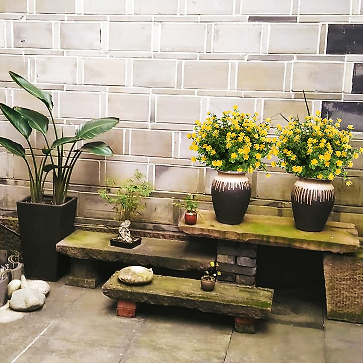 JOYGAR 8 Bundles Artificial Flowers Fake Boxwood Shrubs UV Resistant No Fade Faux Greenery Faux Plastic Lotus for Home Garden Hanging Planter Indoor Porch Patio Office Wedding Decoration(Yellow)