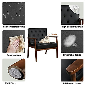 JIASTING Mid-Century Retro Modern Solid Wood Armrest Accent Chair, Faux Leather Tufted Back Upholstered Lounge Chairs, Living Room Furniture (Black 8325)