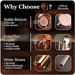 copper-bar Moscow Mule Copper Mugs | Set of 2 Hammered Cups | 100% HANDCRAFTED Pure Solid Copper | Gift Set With Cocktail Straws | Shot Glass | Coasters | Copper Stirrer & Beer opener