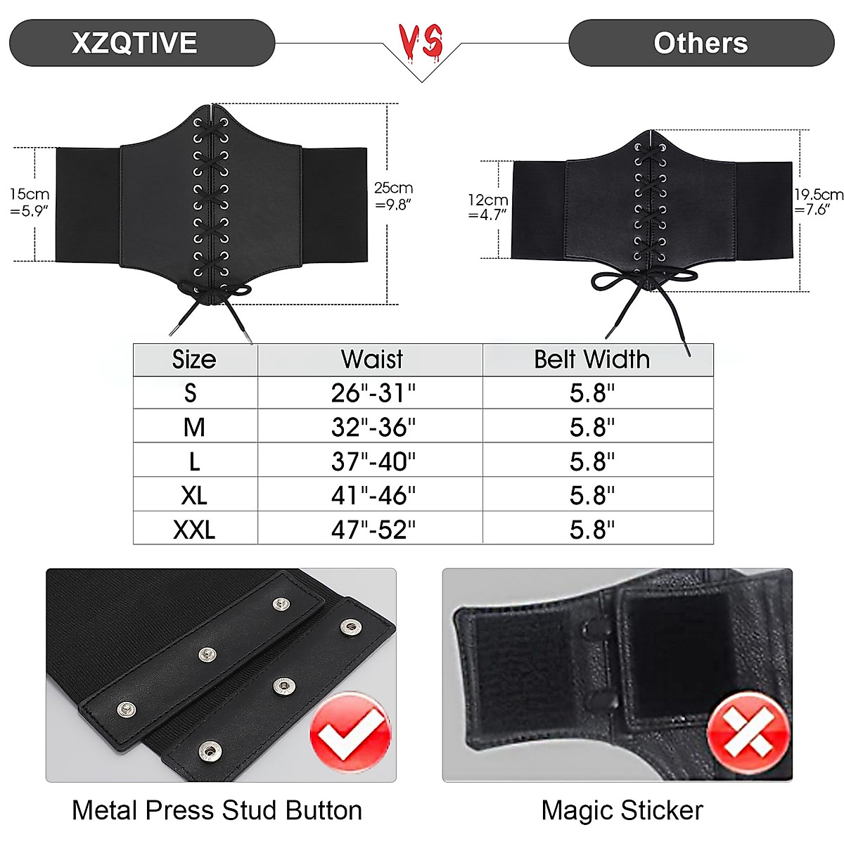 XZQTIVE Black Corset Waist Belt for Women, Wide Elastic Tie Waspie Belt for Dresses 4.7inch