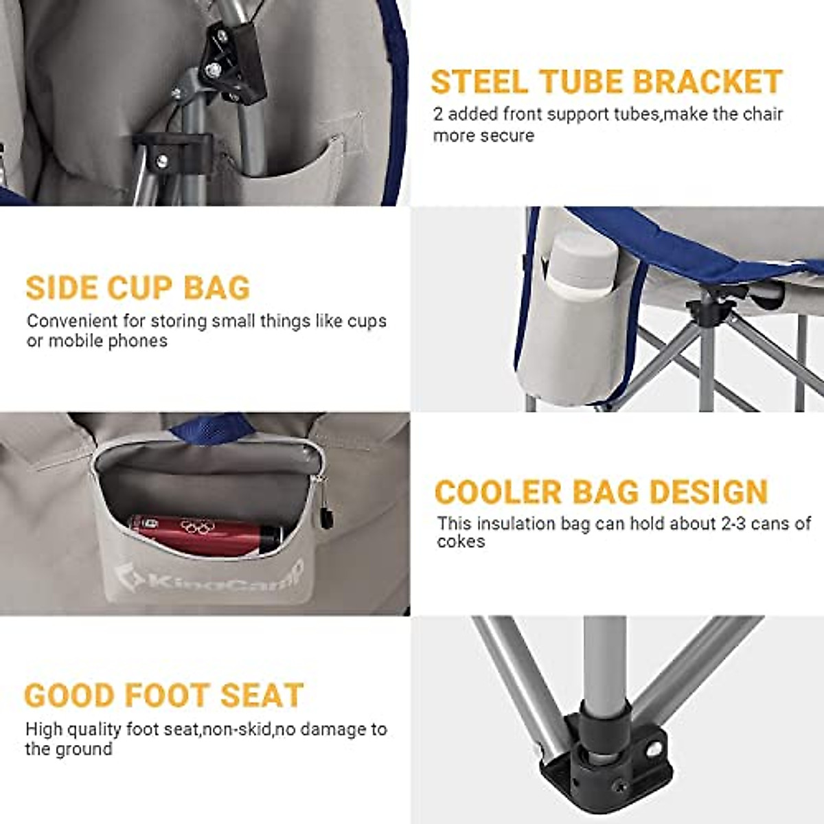 KingCamp Oversize Padded Moon Saucer Leisure Cooler Bag and Cup Holder, Portable Heavy Duty Folding Chair for Outdoor Camping, Picnic, Fishing, Lawn, Black/MediumGrey, ONE Size