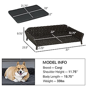 PawHut Elevated Rattan Dog Bed with Steel Frame, Handwoven Wicker Pet Bed with Water Resistant Cushion, Dog Bed Outdoor for Large Medium Dog, Charcoal Grey