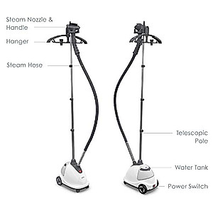 Pure Enrichment® PureSteam™ XL Standing Steamer with Garment Hanger - Heats in 45 Seconds with 0.5-Gallon Water Tank for 1 Hour Continuous Steaming - Includes Fabric Brush and Easy-roll Wheels