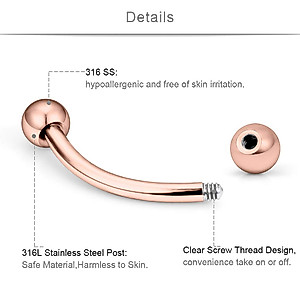 SCERRING 9PCS 16G Stainless Steel Eyebrow Tragus Helix Rook Daith Earrings Belly Lip Ring Clear Cubic Zirconia Barbell Body Piercing Jewelry 6mm 8mm 10mm Rose Gold