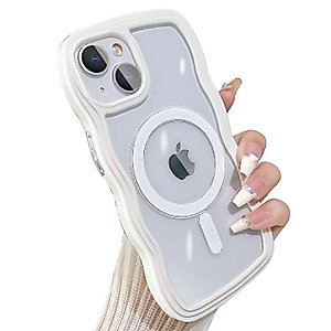 Yeddabox Compatible for iPhone 13 Case with Magsafe, Wave Magnetic Phone Case Cute Water Ripple Candy Colors Frame Shockproof for iPhone 13 Phone Case for Women 6.1 Inch - White