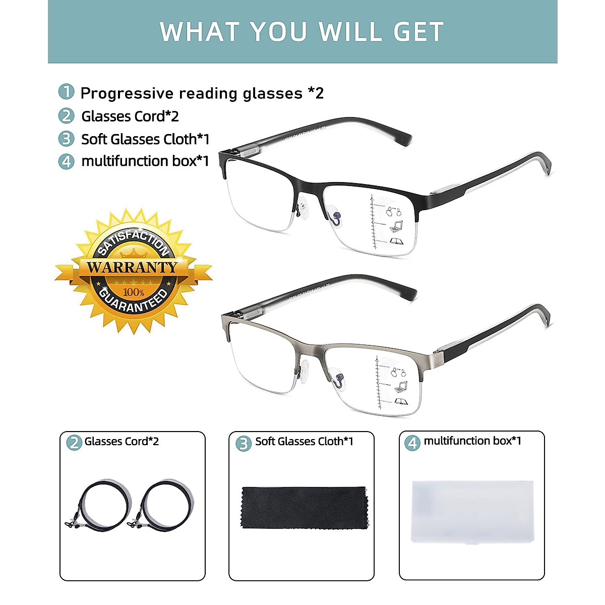 Multifocus Reading Glasses Men Progressive Multifocal Blue Light Computer Reader Half Frame Metal Extra Wide Eyeglasses No Line Bifocals Large Designer Cheaters Transition Square Eyewear 2packs 1.50