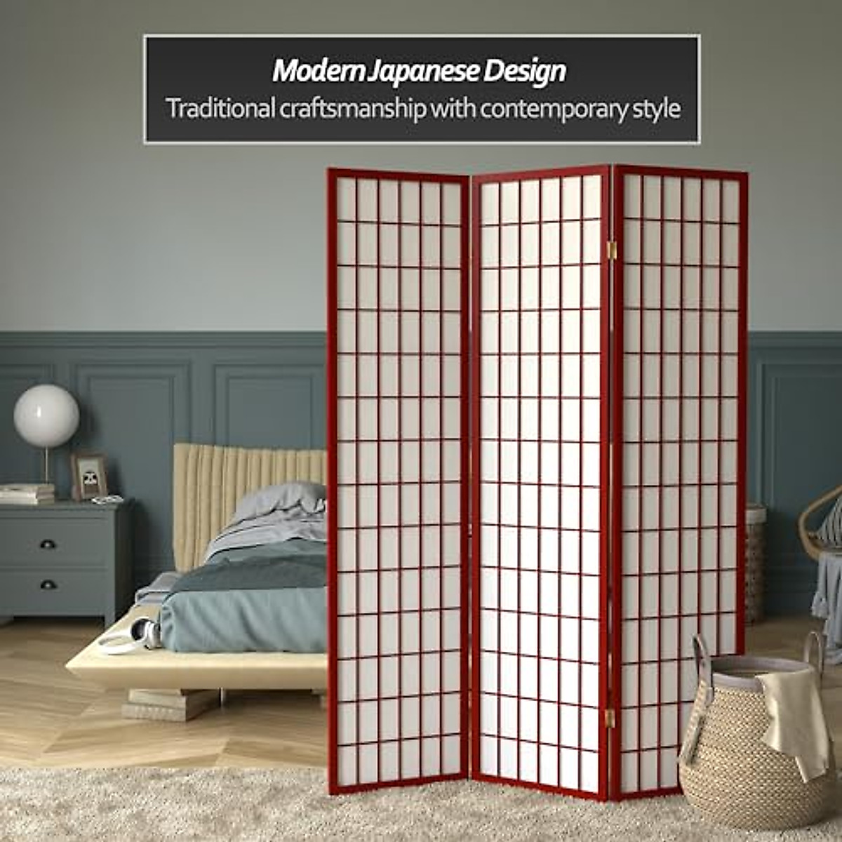 Red Lantern 6 ft. Tall Window Pane Shoji Screen-Rosewood-3 Panels Room Divider