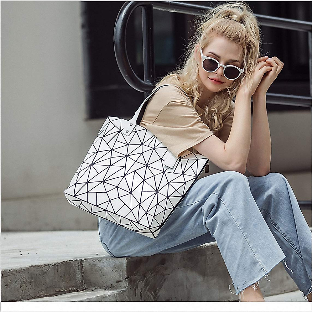 Geometric Lattice Top-handle Handbag for Women Matte Tote Purse Handbags Geometry Shoulder Bag