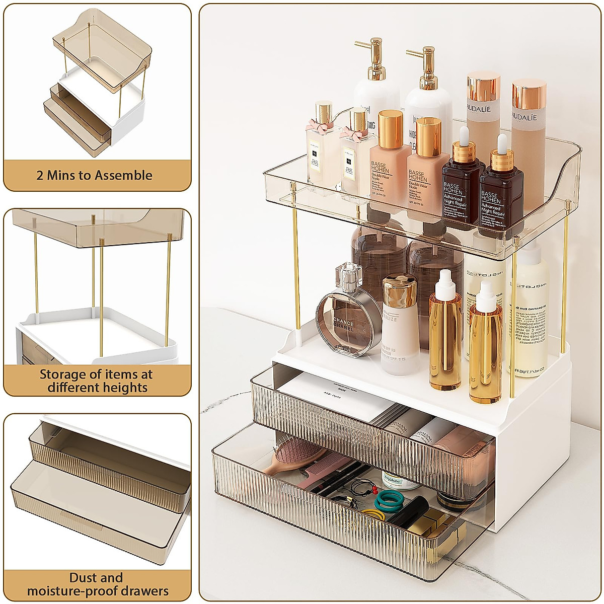 Webetop Bathroom Counter Organizer, Large Makeup Organizer Countertop, Multi-Purpose Vanity Organizer Countertop with 2 Drawers for Storage, Cosmetics, Perfume, Toiletry (Amber)