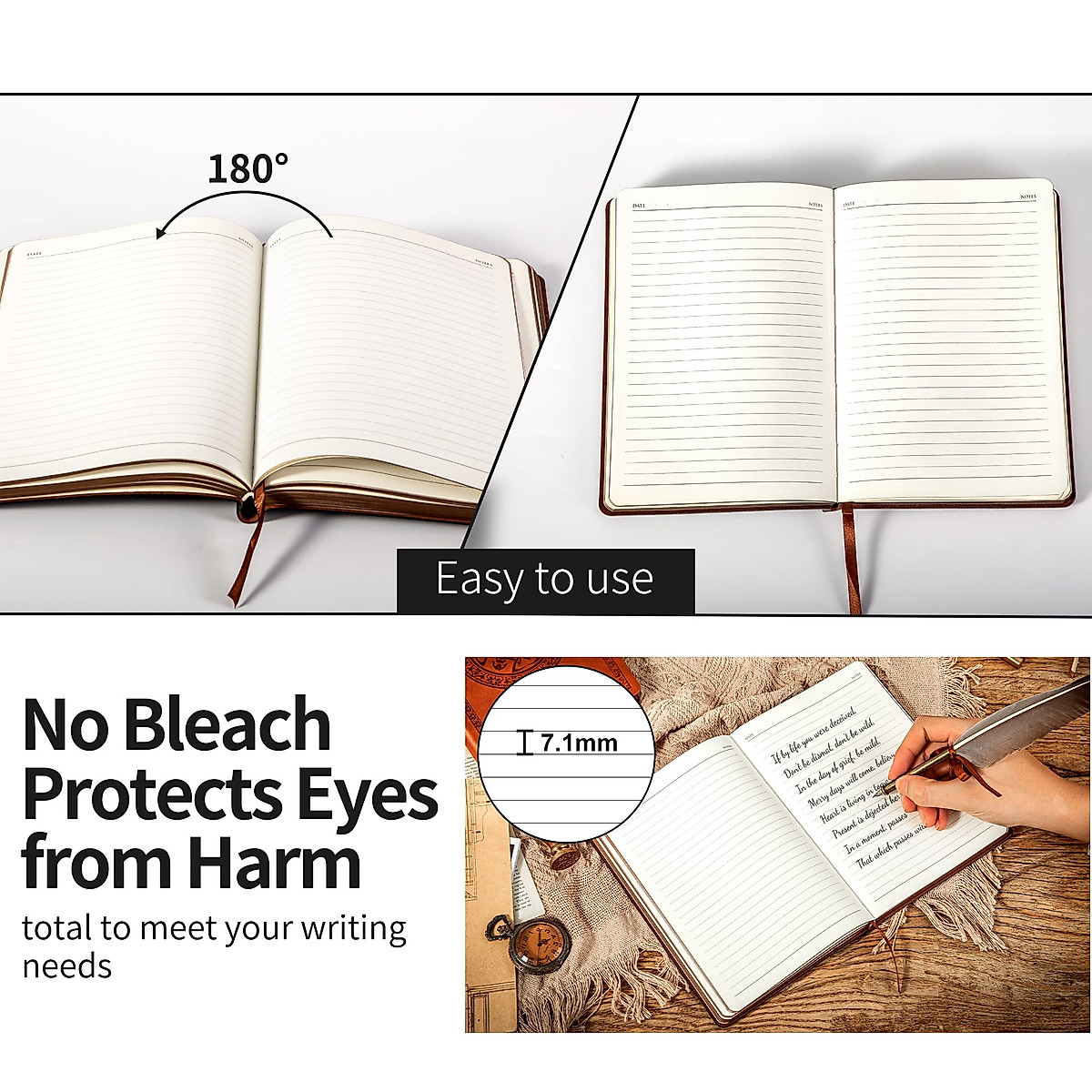 CAGIE Leather Vintage Journal for Men Soft Cover 256 Lined Pages Notebook 180 Lay Flat for Writing Travel Diary, 5.7'' x 8.3'', Black