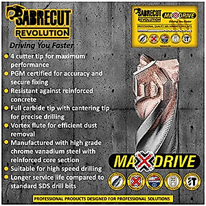 5 x SabreCut QSCK5A 13/64" 7/32" 15/64" 9/32" 5/16" x 6 19/64" Length Quattro PGM Approved Full Carbide 4 Cutter Tip Vortex Flute SDS Plus Drill Bit Mix Kit For Stone Concrete Brick Block