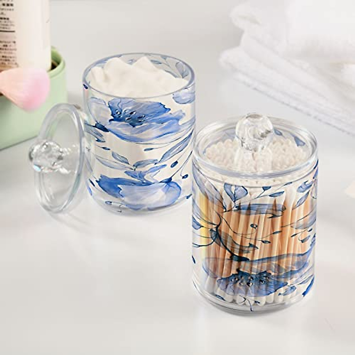 Kigai Blue Flowers Qtip Holder - 14OZ Clear Plastic Apothecary Jars Bathroom Canister Dispenser Organizer Vanity Storage Jar with Lid for Cotton Ball, Cotton Swab, Floss (2PACK)