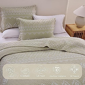 Finlonte King Size Quilt, 100% Cotton Lightweight Boho King Bedspread, Beige White Striped Geometric Soft Reversible Quilt King Size Bedding Set for All Season, 3-Pieces