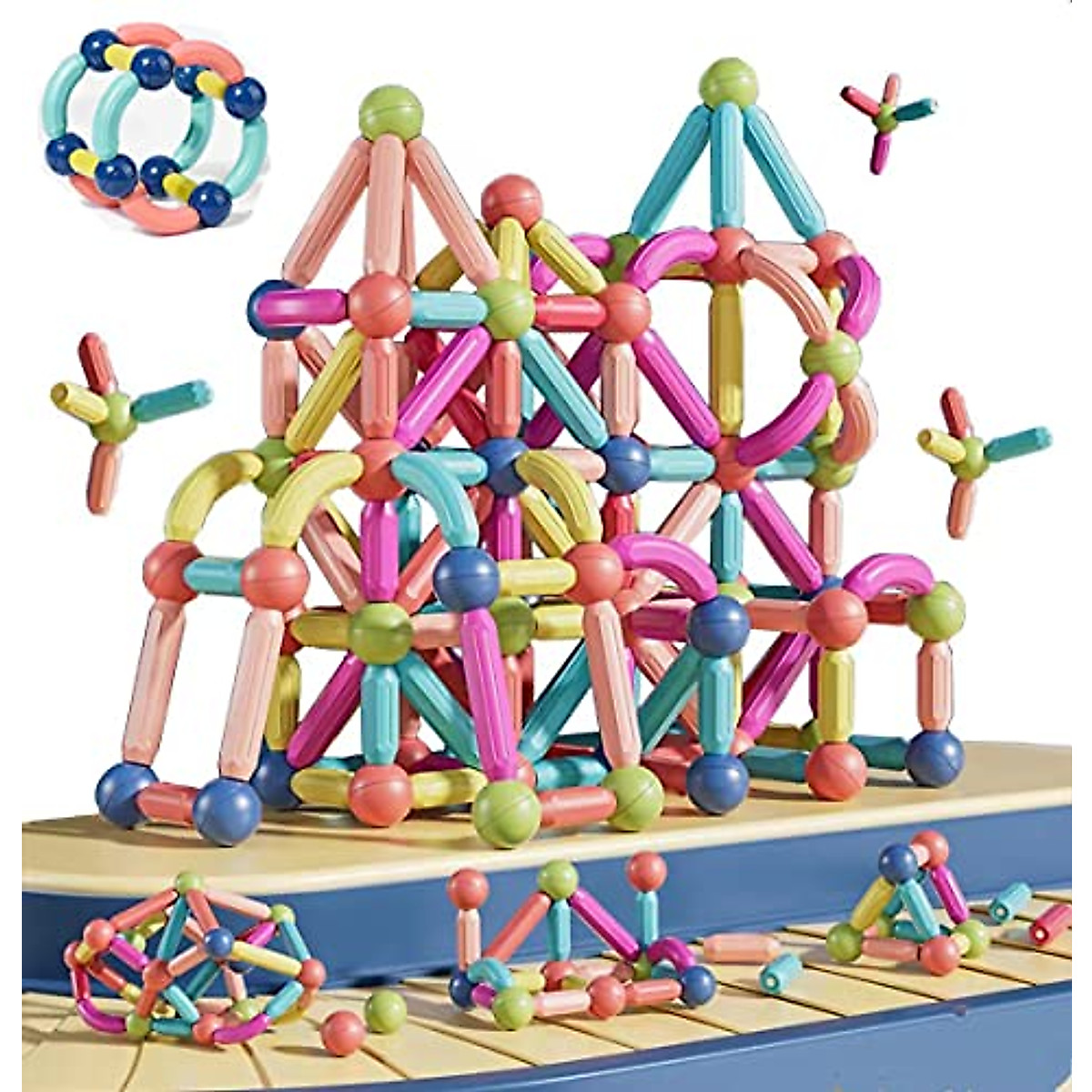 RITONS 64 PCS Magnetic Balls and Rods Building Sticks Blocks Set Vibrant Colors Different Sizes Curved Shapes Children Educational Stacking STEM Magnet Toys for Kids Age 3+