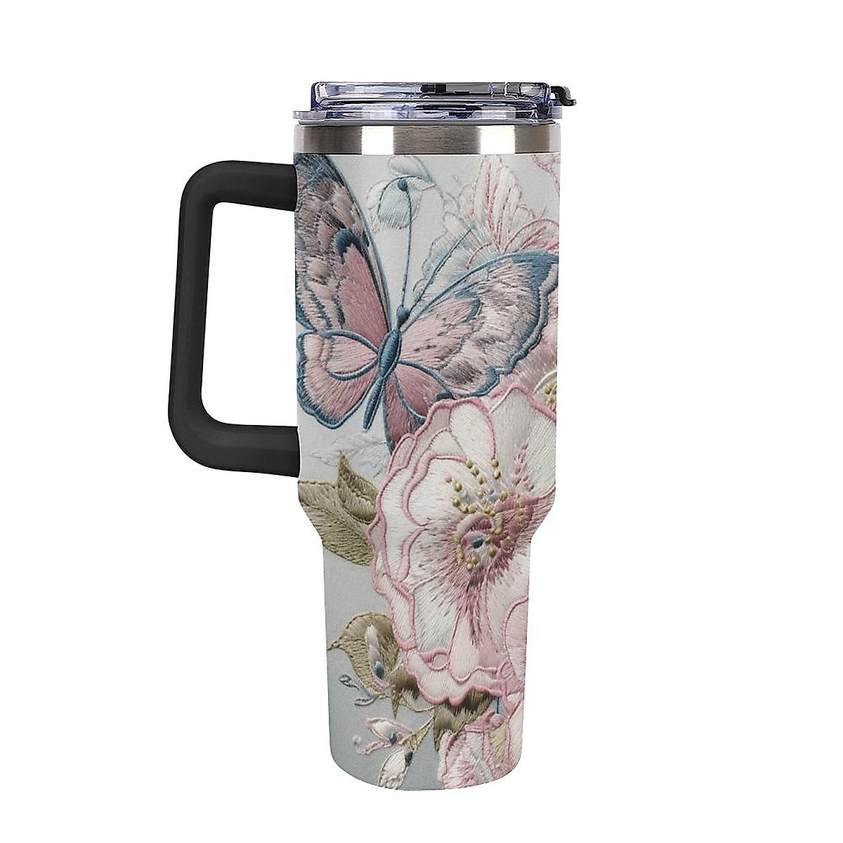 YTLKGFP 40 Oz Large Capacity Car Cup Beautiful Butterfly Pattern Tumbler with Handle (Black) Straw Lid Insulated Stainless Steel Water Bottle Travel Mug Leak-proof Car Cup Keeps Cold Or Hot