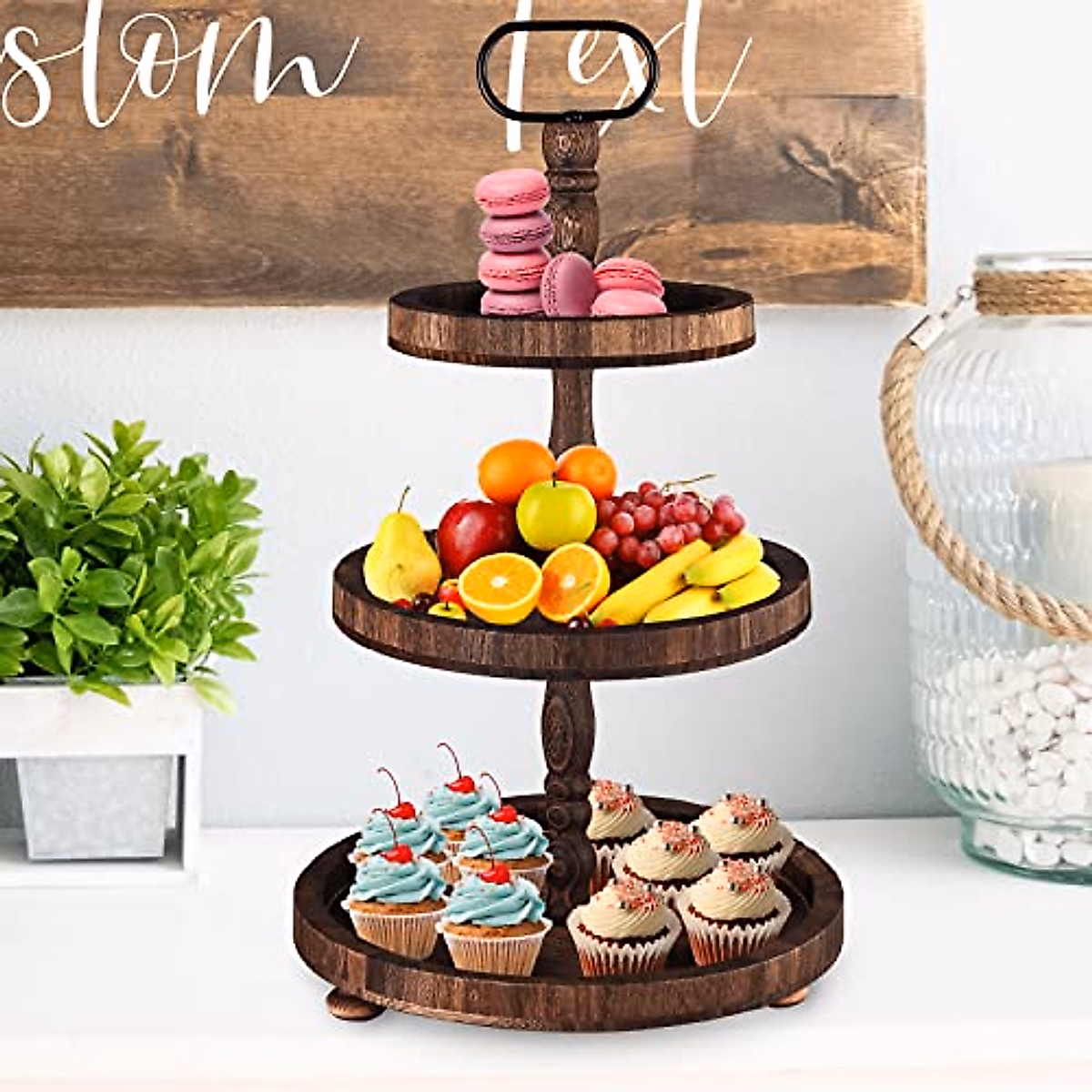 Creatart Wooden 3 Tiered Tray Stand with 8 Pieces Summer Avocado Tiered Tray Decor Set Round Wood Tiered Serving Tray for Food Kitchen Table Centerpieces Decorative Tray (Avocado)