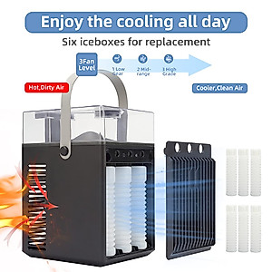 Portable Air Cooler Fan, Evaporative Air Cooler Rechargeable, Personal Air Conditioner with 6 Reusable Ice Boxes, Quiet Desk Fan with Air Humidifier and LED Night Light for Bedroom Camping Trip black-01