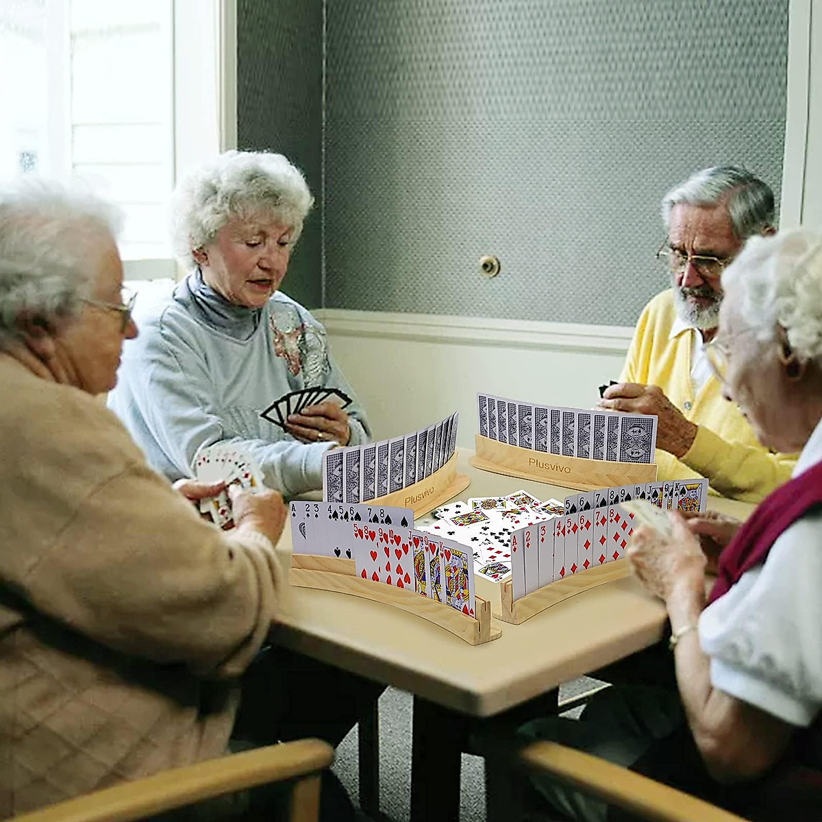 plusvivo Set of 4 Curved Playing Cards Holders for Seniors Adults - Soild Wood Cards Holders for Playing Cards 13 x 1.9 x 2.4 Inch for Bridge Canasta Strategy Foot and Hand