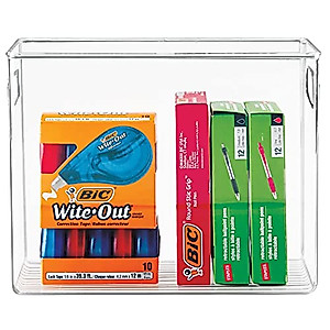 mDesign Tall Plastic Storage Organizer Container Bin, Office Organization for Filing Cabinet, Cupboard, Shelves, and Desk - Holds Notepads, Pens, Pencils, Highlighters, Ligne Collection, 4 Pack, Clear