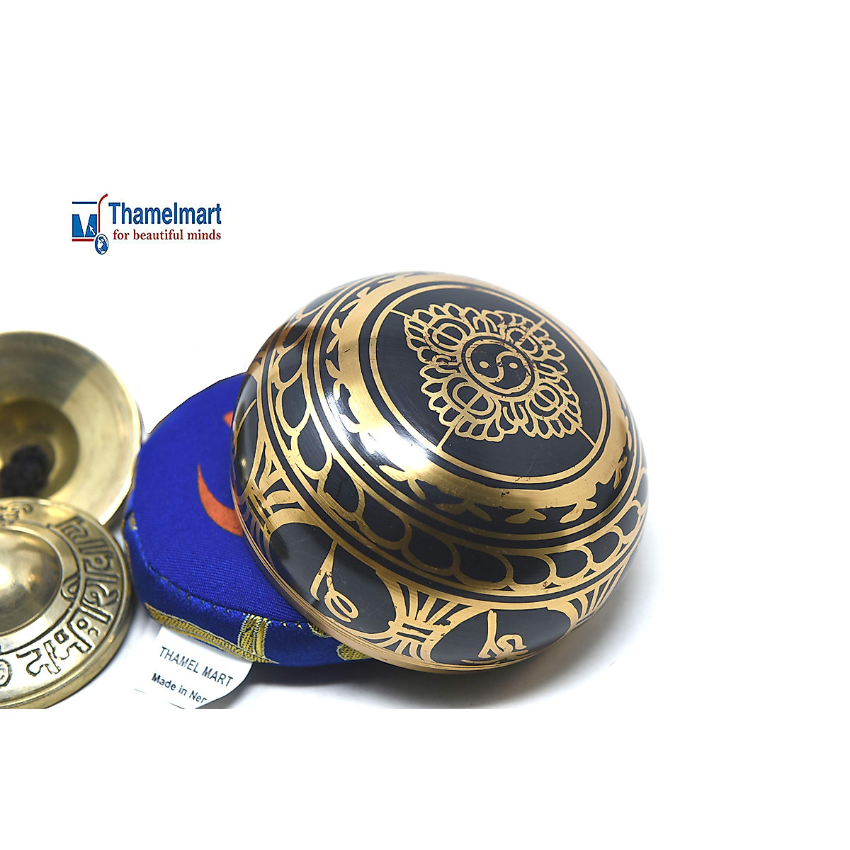 3.75" Exquisite Tibetan Singing Bowl Set for Meditation ~ Mantra Symbols Painted ~ Om Nava Sivaya Tingsha Cymbals~ Silk Cushion & Wooden Mallet Included ~Handmade in Nepal by Thamelmart