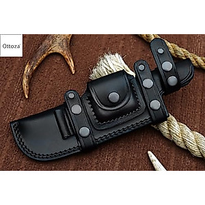 Ottoza Handmade XL Leather Knife Sheath RIGHT HAND Tracker Knife Sheath - Bushcraft Knife Sheath - Hunting Knife Sheath - Survival Knife Sheath Horizontal Carry Black TOP GRAIN LEATHER No:104