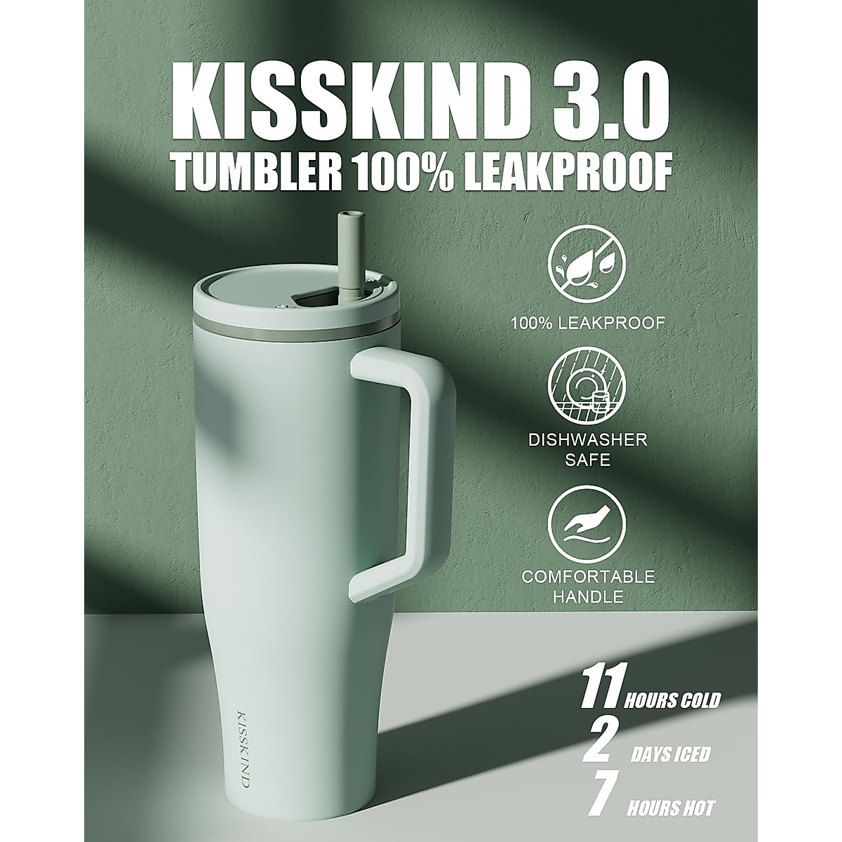 KISSKIND 40 oz Tumbler with Handle and Straw Lid, 100% Leakproof Insulated Cup Travel Coffee Mug Water Bottle, 2 Pcs