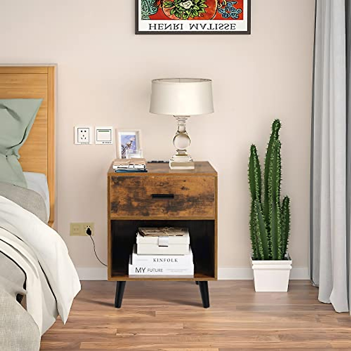 Quimoo Nightstand Set of 2 with Charging Station. Bedside Table with 1 Drawer and 1 Open Storage Space for Bedroom, Rustic Brown