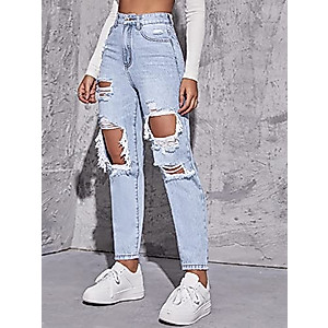 MakeMeChic Women's Ripped Mom Jeans High Waisted Distressed Denim Pants Light Wash M