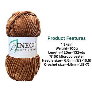 FINECE Soft Velvet Yarn Chenille Yarn for Crocheting Baby Blanket Yarn for Knitting 100 gr (132 yds) Fancy Yarn for Crochet Weaving Craft Amigurumi Yarn (1 Skein, 2050-Brown)