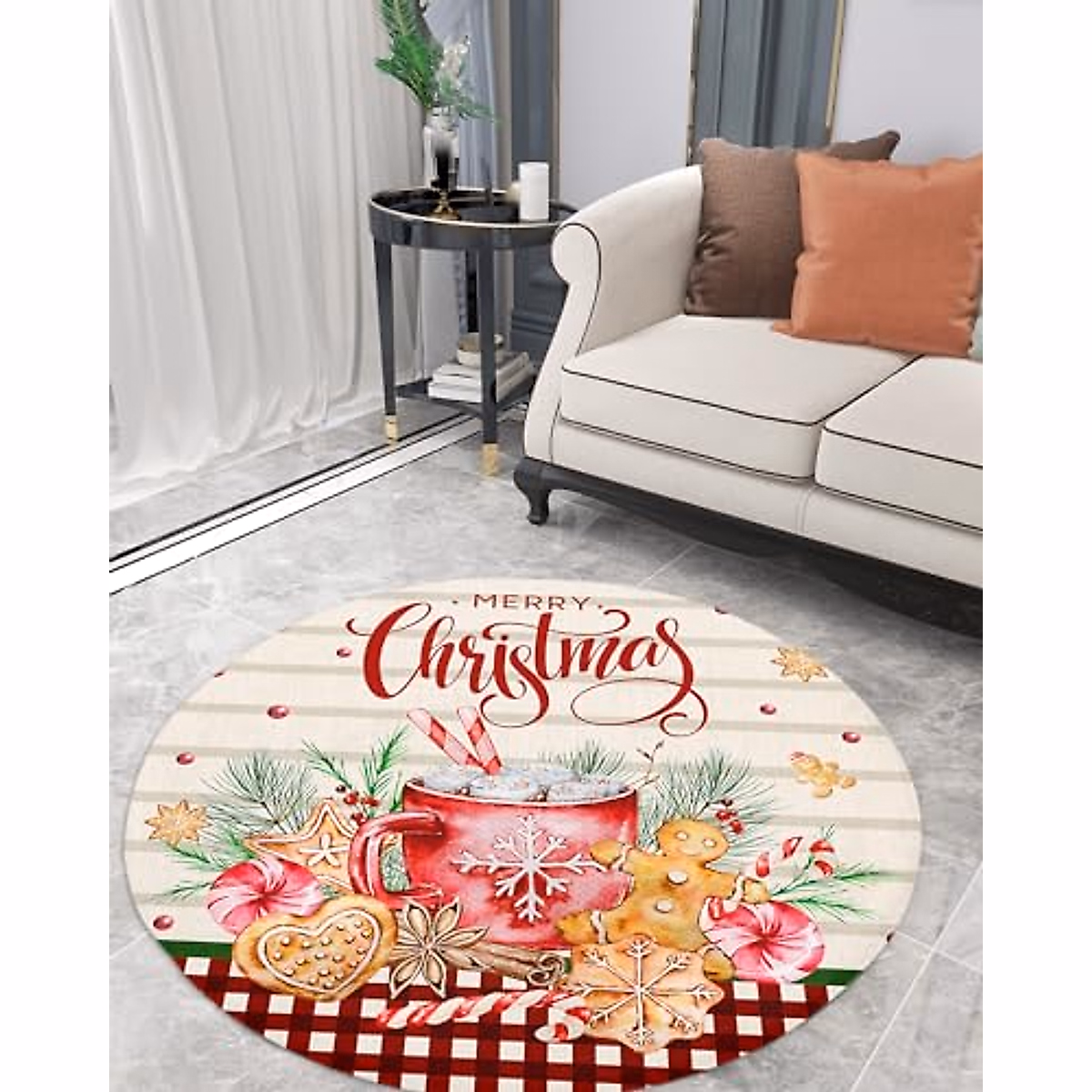 Christmas Fluffy Round Area Rug Carpets 5ft, Plush Shaggy Carpet Soft Circular Rugs, Non-Slip Fuzzy Accent Floor Mat for Living Room Bedroom Nursery Home Decor Farmhouse Country Buffalo Plaid Red