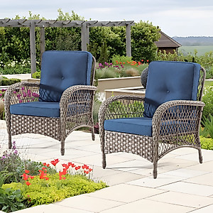 MeetLeisure Wicker Patio Chairs Set of 2 - Outdoor Rattan Chairs with Handmade PE Wicker & Olefin Fabric Cushions, Patio Rattan Chairs, Cushions Included(Mixed Grey/Blue)