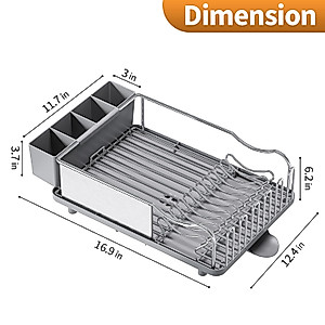 Urackify Dish Rack, 304 Stainless Steel Dish Drying Rack for Kitchen Counter, Dish Drainer with Cutlery Holder for Large Capacity, Dish Drying Rack with drip Tray, Grey