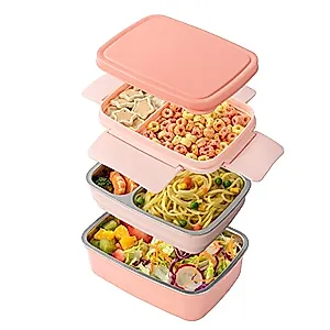 Freshmage Stainless Steel Bento Box Adult Lunch Box, Leakproof Stackable Large Capacity Dishwasher Safe Lunch Container with Divided Compartments, Pink