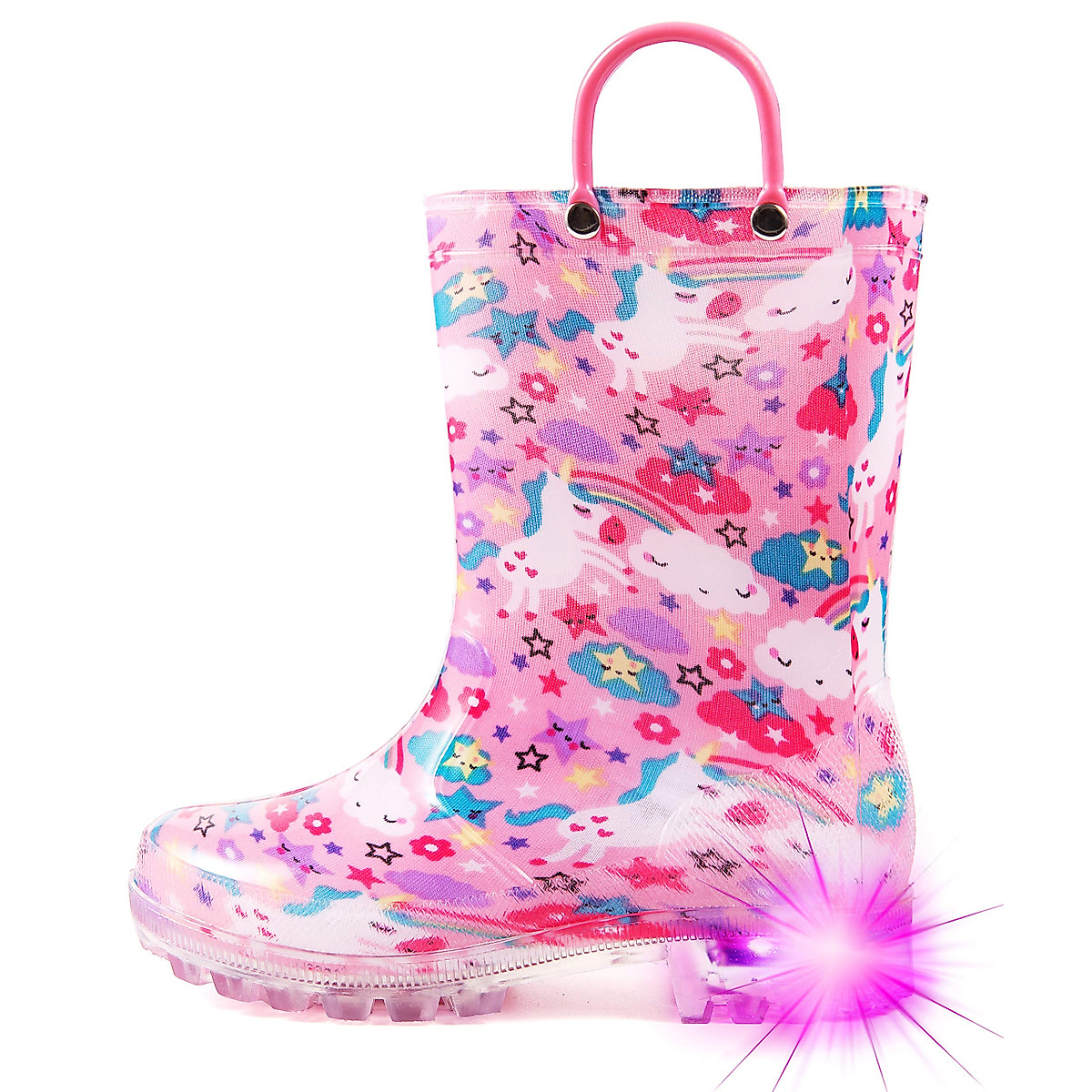 HugRain kids Girls Boys Rain Boots Toddler Light Up Printed Waterproof Shoes Lightweight Adorable Cute Pink Unicorn Rubber with Easy-On Handles and Insole (Size 13,Pink)