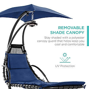 Best Choice Products Hanging LED-Lit Curved Chaise Lounge Chair Swing for Backyard, Patio, Lawn w/ 3 Light Settings, Weather-Resistant Pillow, Removable Canopy Shade, Steel Stand - Navy Blue