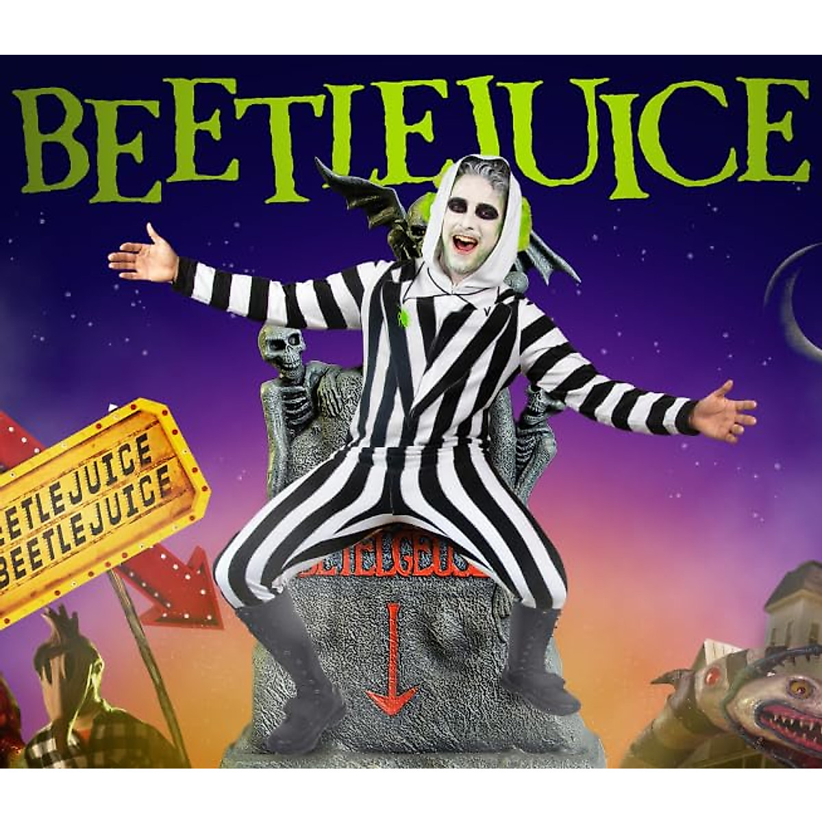 Prestigez BeetleJuice Mens Hooded Onesie Pajama Costume Union Suit, Size Medium