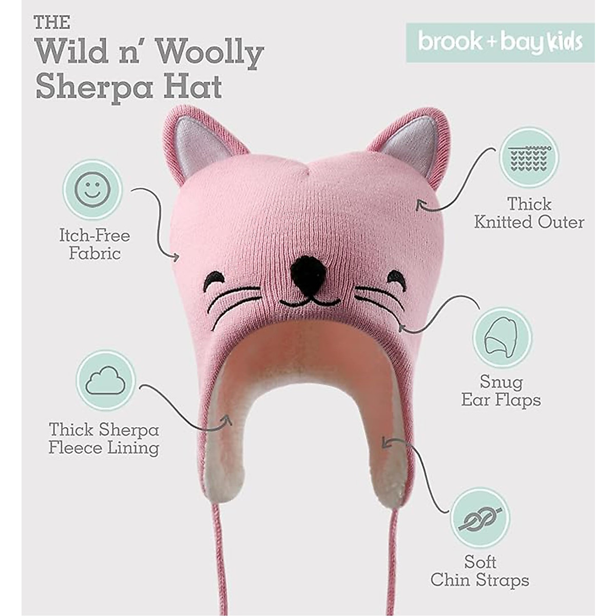 Brook + Bay - Sherpa Baby Animal Hats for Winter, Toddler Animal Ear Hat, Baby Hat Animal Ears, Baby Winter Hat for Boys & Girls - Pink Cat