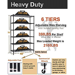 LLLstore 6-Tier Storage Metal Shelf Wire Shelving Unit 2100Lb Capacity Adjustable Heavy Duty Storage Rack with Wheels NSF Metal Shelf for Closet Kitchen Garage Basement, 82" H x 48" L x 18" D- Black