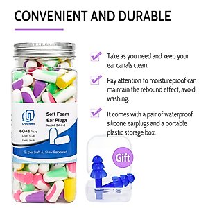 LYSIAN Ultra Soft Foam Earplugs for Sleep- Noise Cancelling Ear Plugs for Sleeping, Shooting,Snoring, Mowing Sound Reduction 38dB- 60 Pairs Multi Color