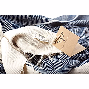 Smyrna Original Turkish Throw Blanket Herringbone Series | 100% Cotton, 50 x 60 Inches | Vintage Boho Throw Blankets for Couch, Sofa, Farmhouse and Home Decor | Lightweight and Super Soft (Navy)