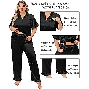 SWOMOG Womens Satin Plus Size Pajamas Silk Short Sleeve Pjs Sets Button Up Pajama with Ruffle Soft Loungewear Wedding PJs Black