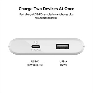 Belkin USB-C Power Bank 10K, Fast Charging Portable Battery Pack w/ USB-C + USB Ports, Compatible w/ iPhone 14, 14 Plus, 14 Pro, 14 Pro Max, 13, 13 Mini, Galaxy S23, S23+, Ultra and More - White